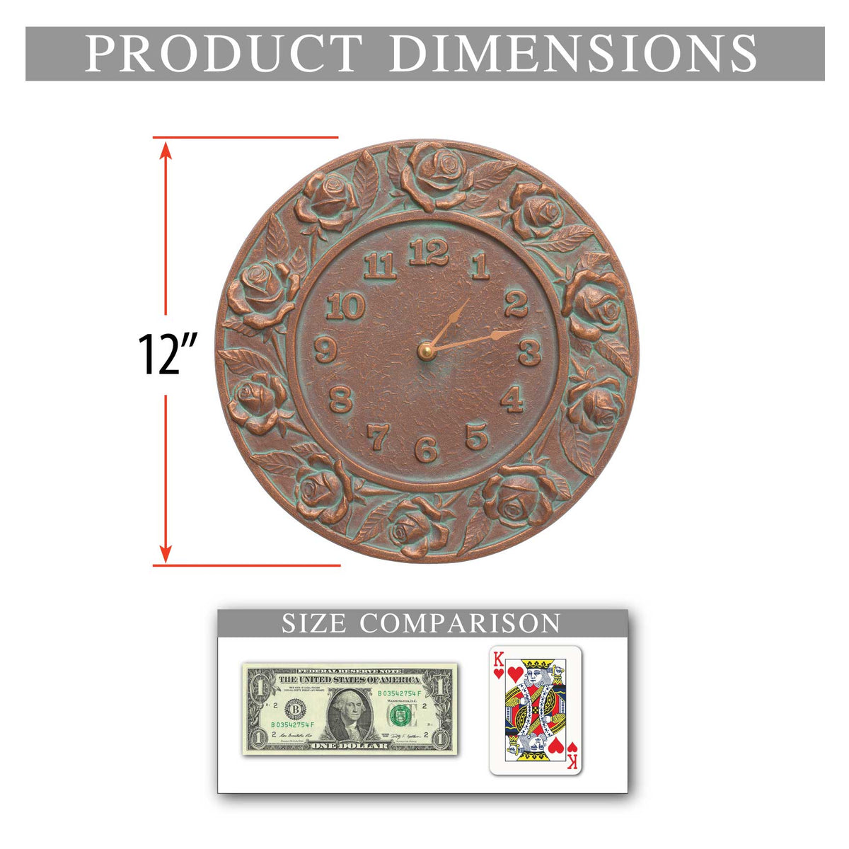 Clarus Crystal Rose 12" Indoor Outdoor Wall Clock Made from Solid cast